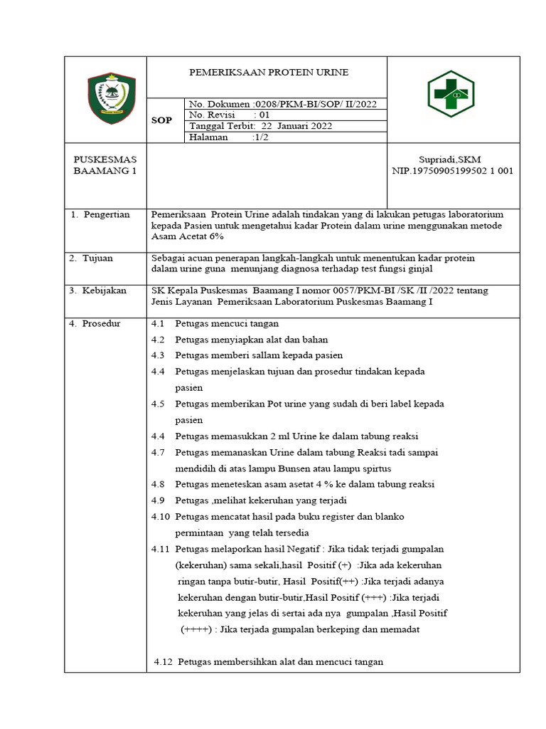 1.1.1.1 Sop Protein Urine Actat | PDF
