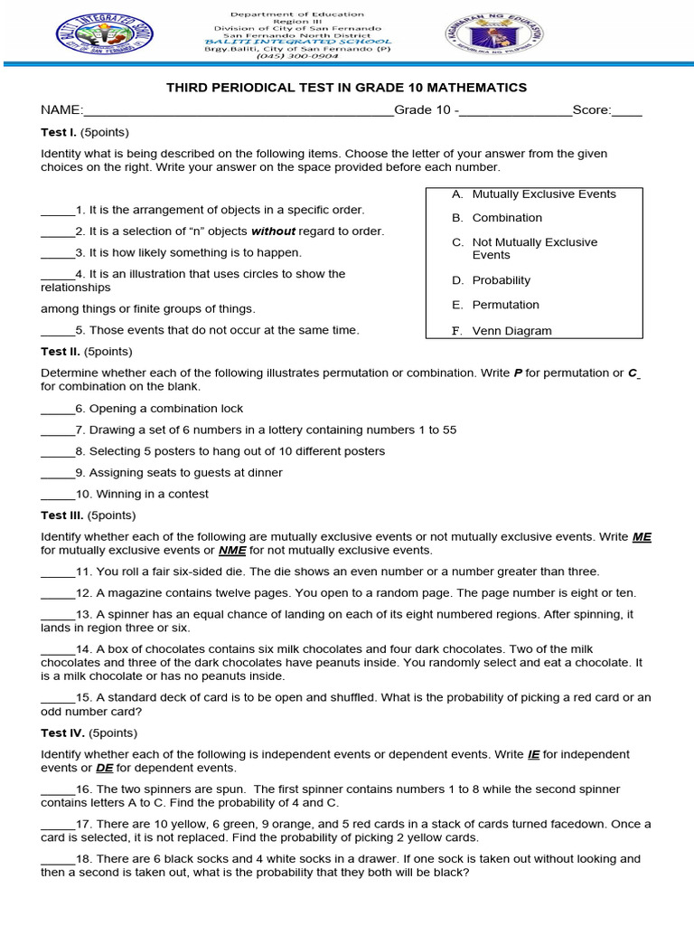 Math 10 Quarter 3 Exam | PDF | Permutation | Mathematics