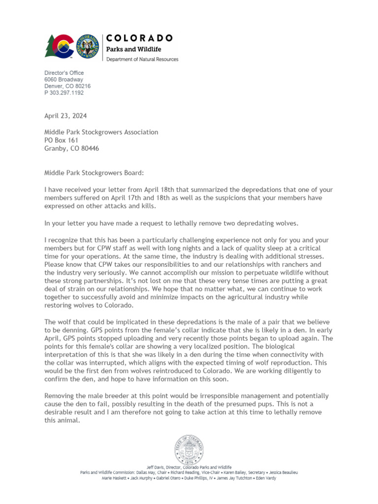 CPW Response To Middle Park Stockgrowers 04.23.24 | PDF