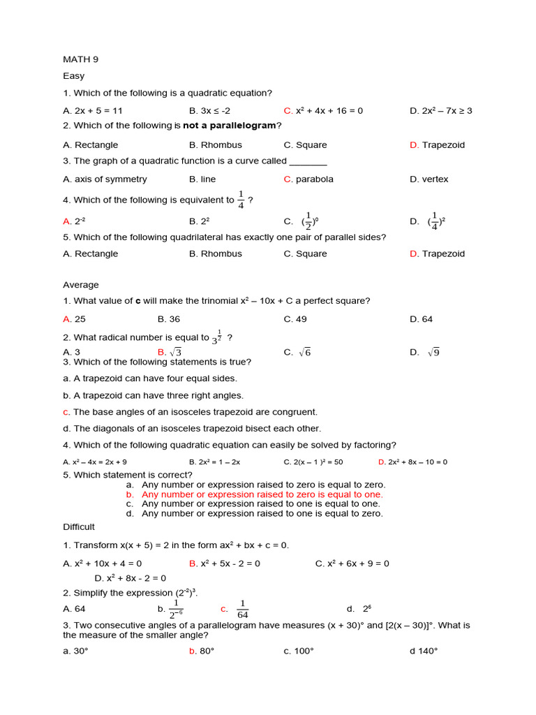 Math 9 QUiz Bee Reviewer | PDF | Rectangle | Elementary Geometry