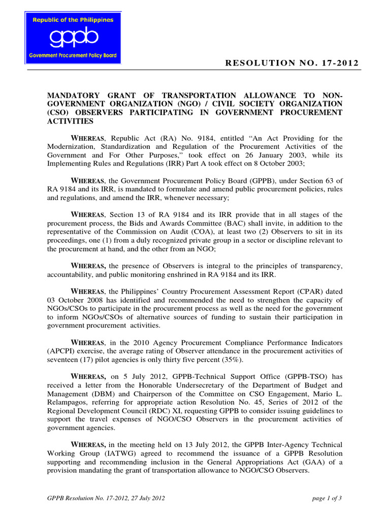 GPPB Res 17-2012 - Transpo Allo To Observrs | PDF | Non Governmental Organization | Government
