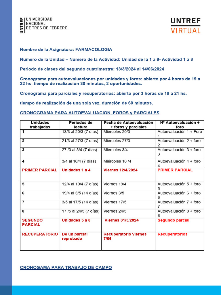 Cronograma Farmacología UNTREF 2024 | PDF
