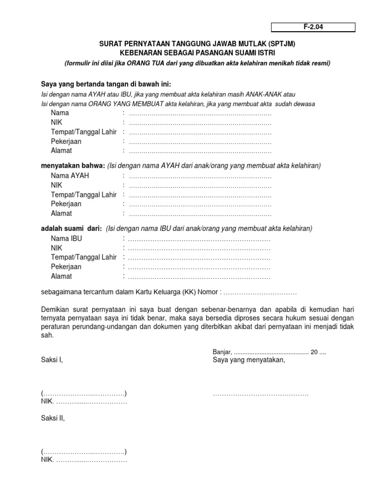 Formulir f2.04 SPTJM Suami Istri | PDF | Hukum