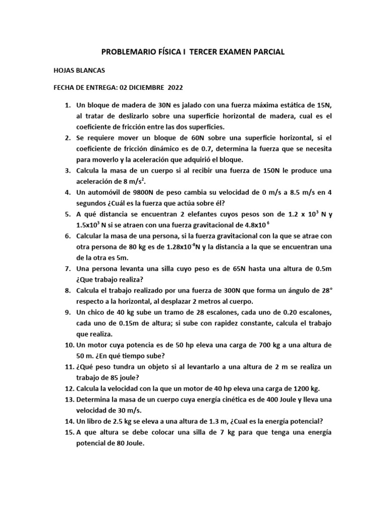 PROBLEMARIO FISICA I Tercer Parcial 2022 | PDF | Fuerza | Masa