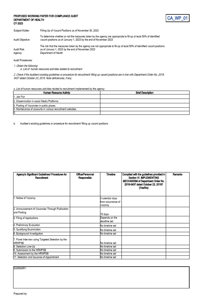 Annex A.1 Proposed Audit Working Paper - rrm08302023 | PDF | Audit | Recruitment