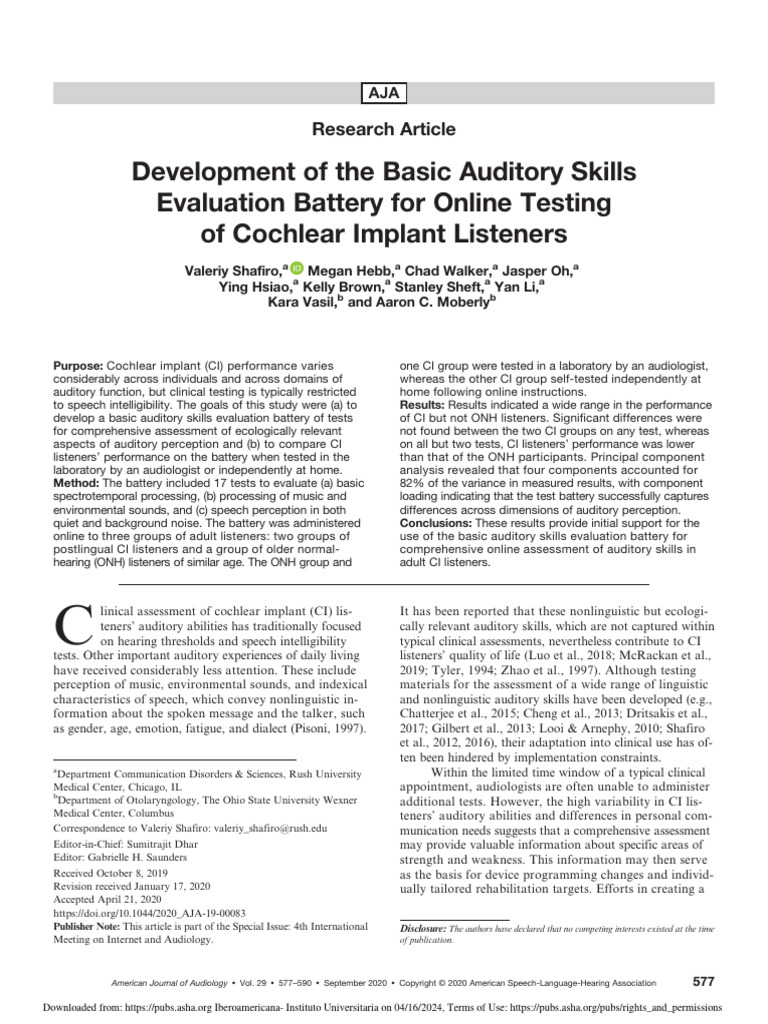 Shafiro Et Al 2020 Development of The Basic Auditory Skills Evaluation Battery For Online ...