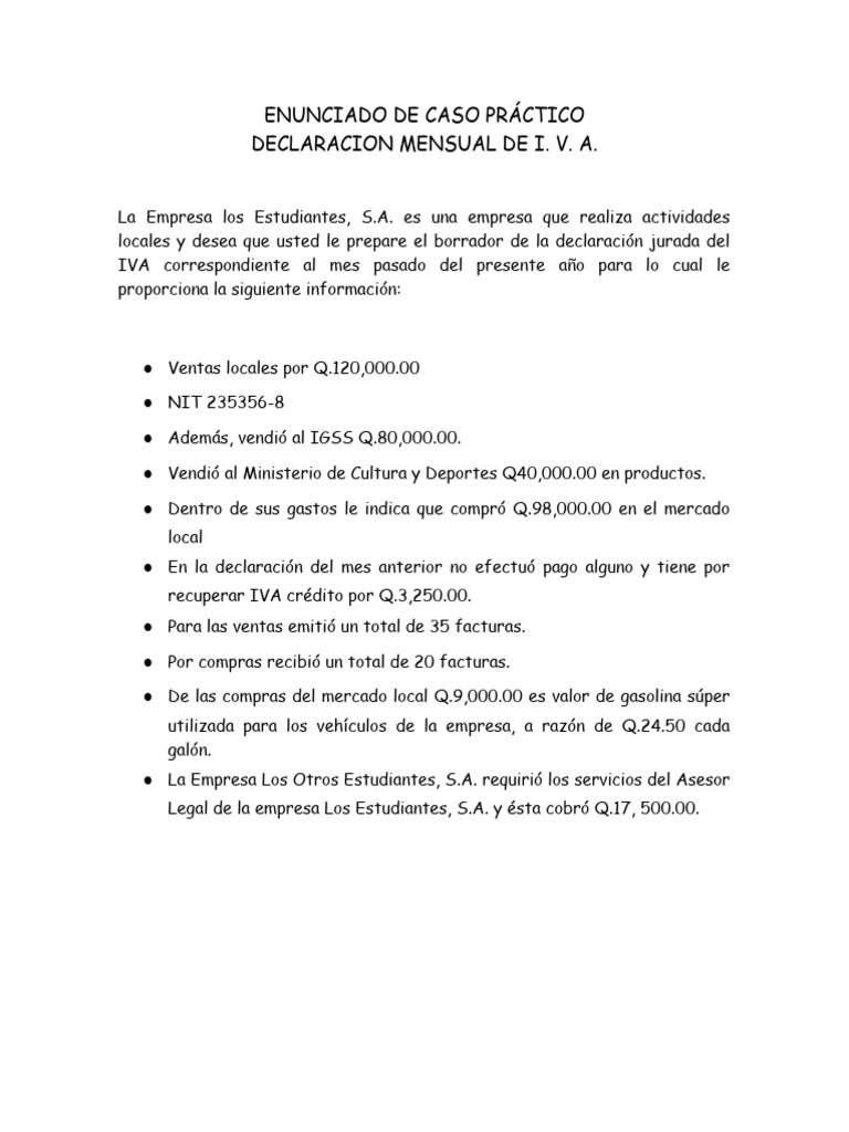Enunciado Caso Practico Iva e Isr 2019 | PDF | Impuesto sobre la renta | Economias