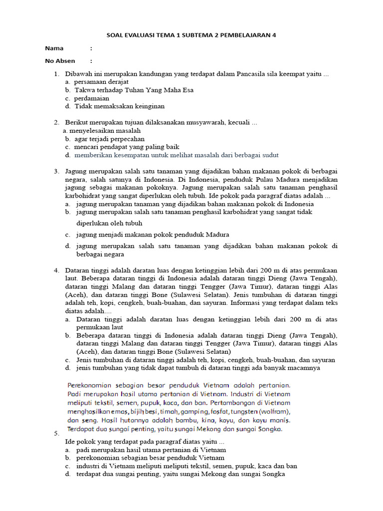 Soal Evaluasi Tema 1 Subtema 2 Pembelajaran 4 | PDF
