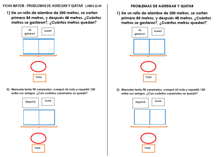 Matematica Ficha Resuelve Problemas de Agregar y Quitar | PDF