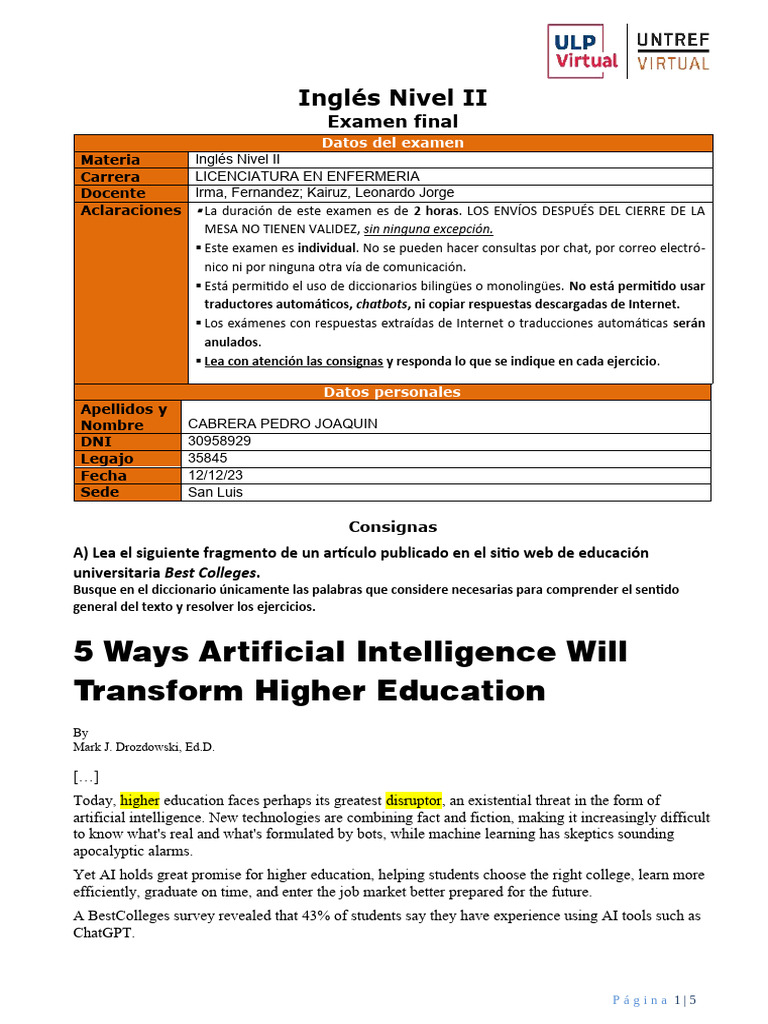 ULP Ingles Nivel II Examen Final Diciembre2023 Modelo 2 | PDF | Inteligencia artificial ...