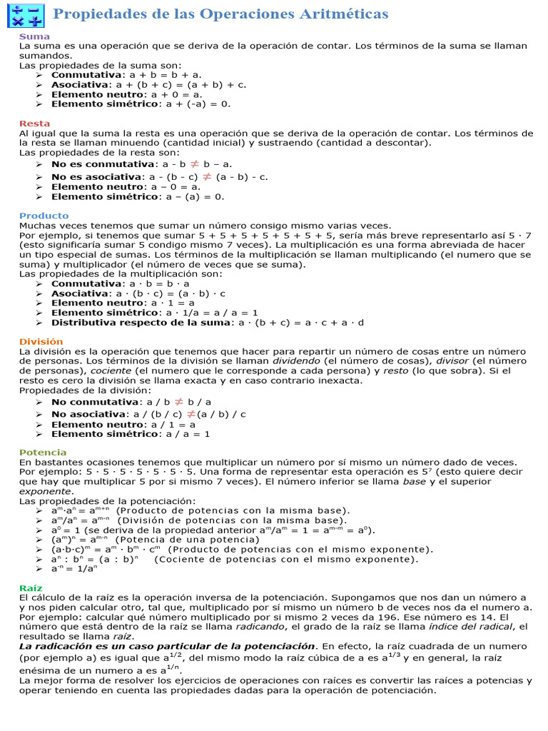 Propiedades de Las Operaciones Aritméticas | PDF | Números | División (Matemáticas)