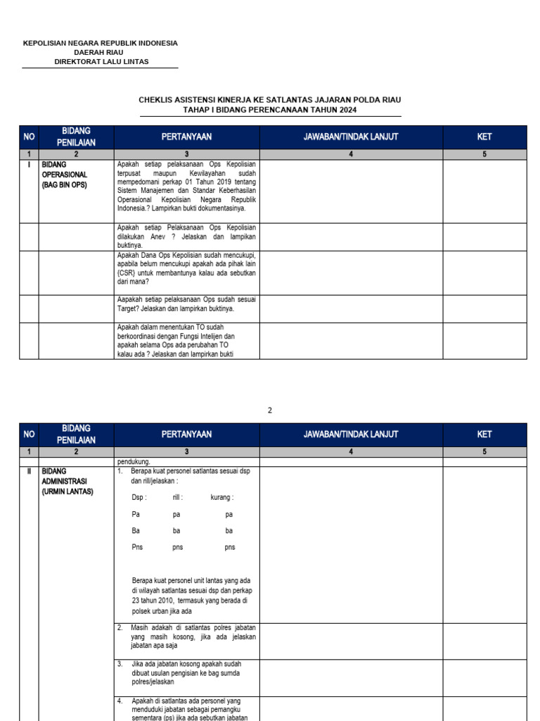 Cheklis Kinerja Satlantas Polda Riau 2024 | PDF