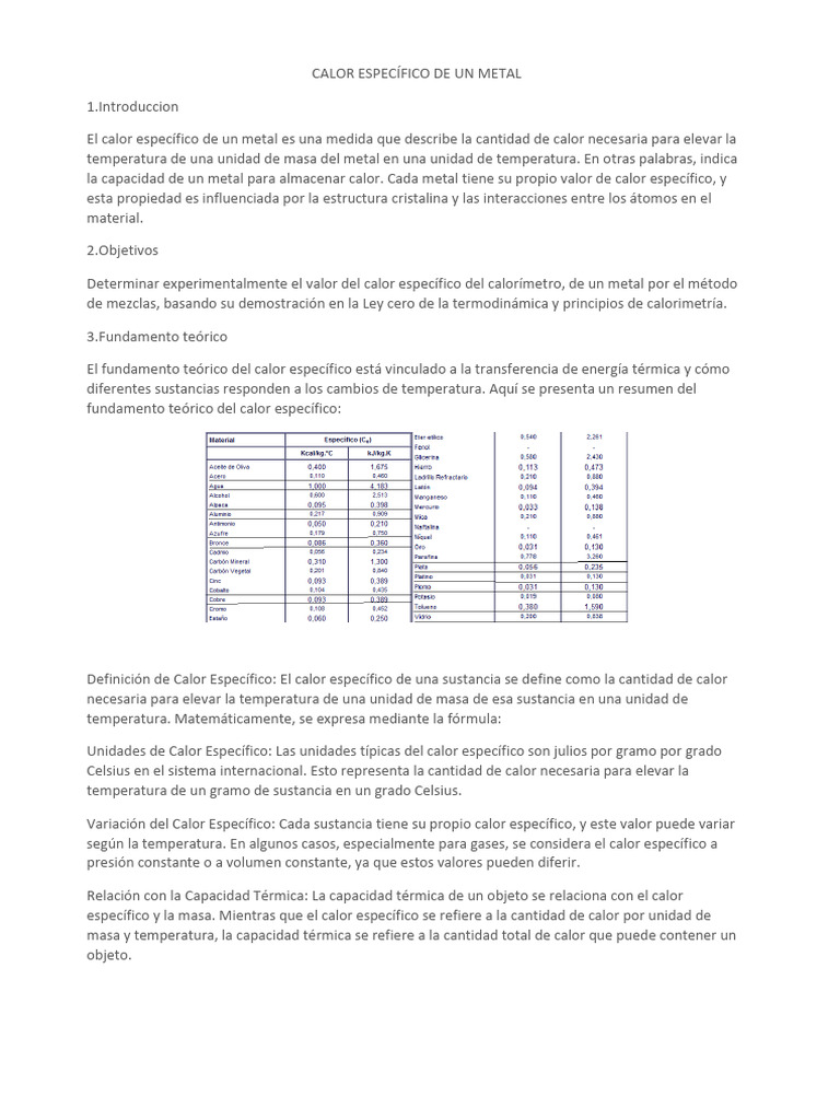 Calor Especifico | PDF | Calor | Temperatura