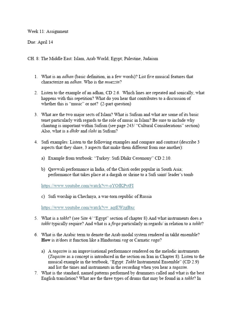 Week 11 - Assignment - MUSHL 107 SPR 2024 | PDF | Sufism | Musicology Week 11 - Assignment - MUSHL 107 SPR 2024 | PDF | Sufism | Musicology