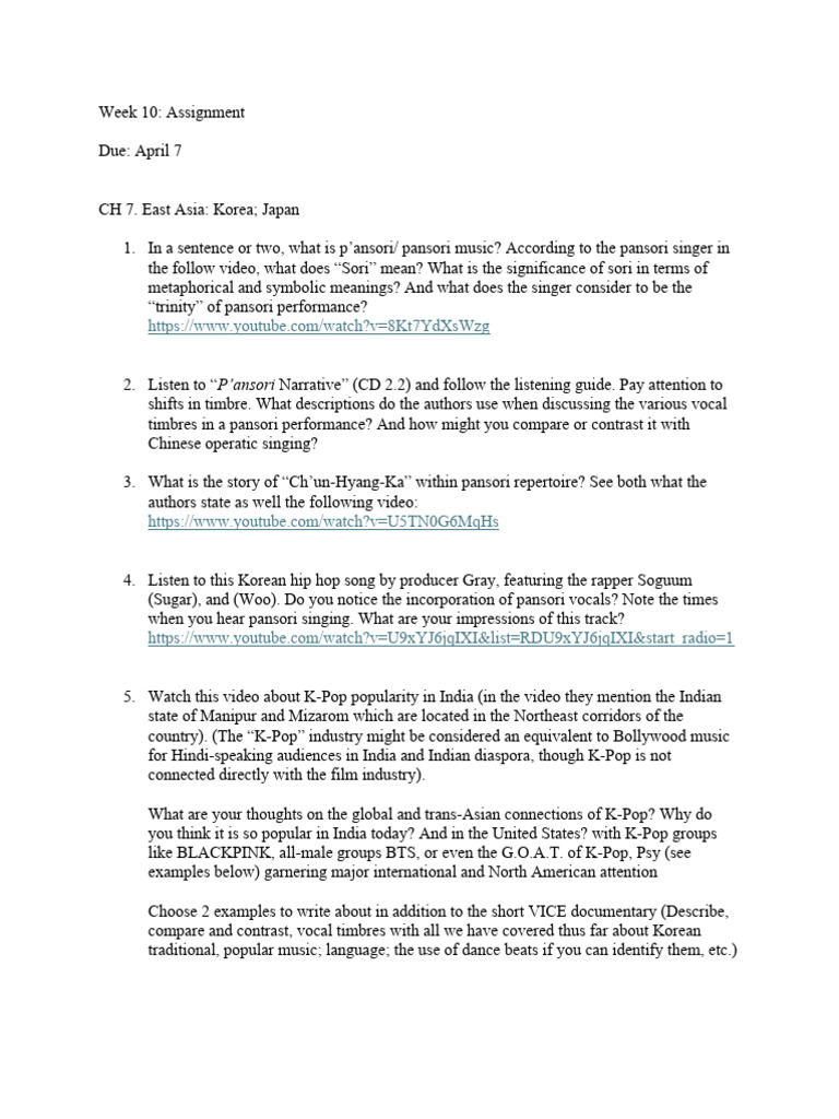 Week 10 - Assignment - MUSHL 107 SPR 2024 | PDF | Musical Instruments | Performing Arts