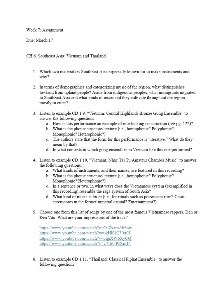 Week 7_Assignment_MUSHL 107 Spr 2024 | PDF | Vietnam | Musicology