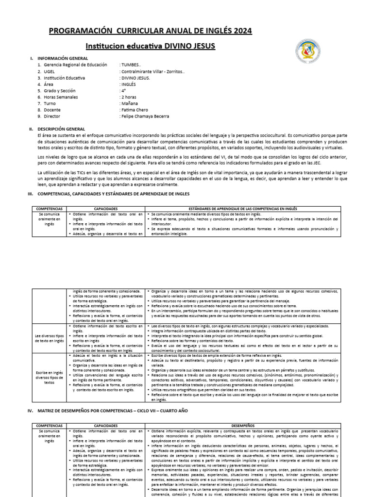 4to Programacion Anual De Ingles PDF Ense ando Entorno Natural