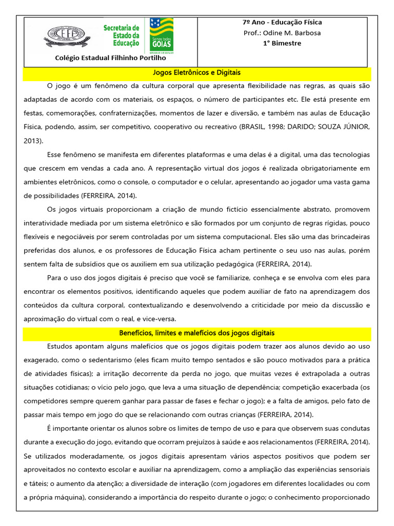 7º Ano- Jogos Eletrônicos 1 | PDF | Videogames