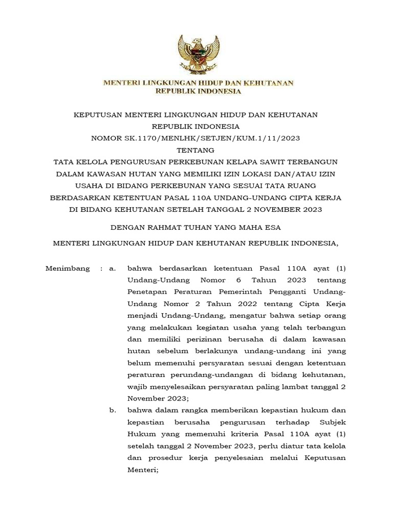 Salinan SK 1170 - Tata Kelola Perkebunan Kelapa Sawit - 10nov2023 | PDF