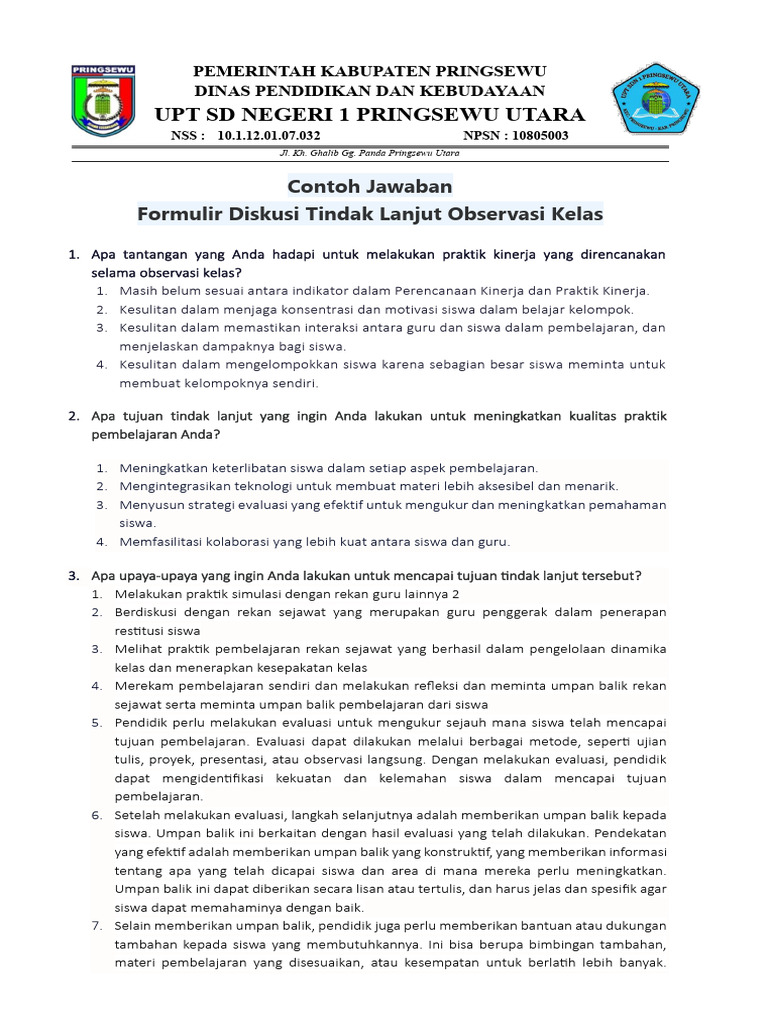 Contoh Jawaban FORMULIR OBSERVASI KELAS | PDF Contoh Jawaban FORMULIR OBSERVASI KELAS | PDF