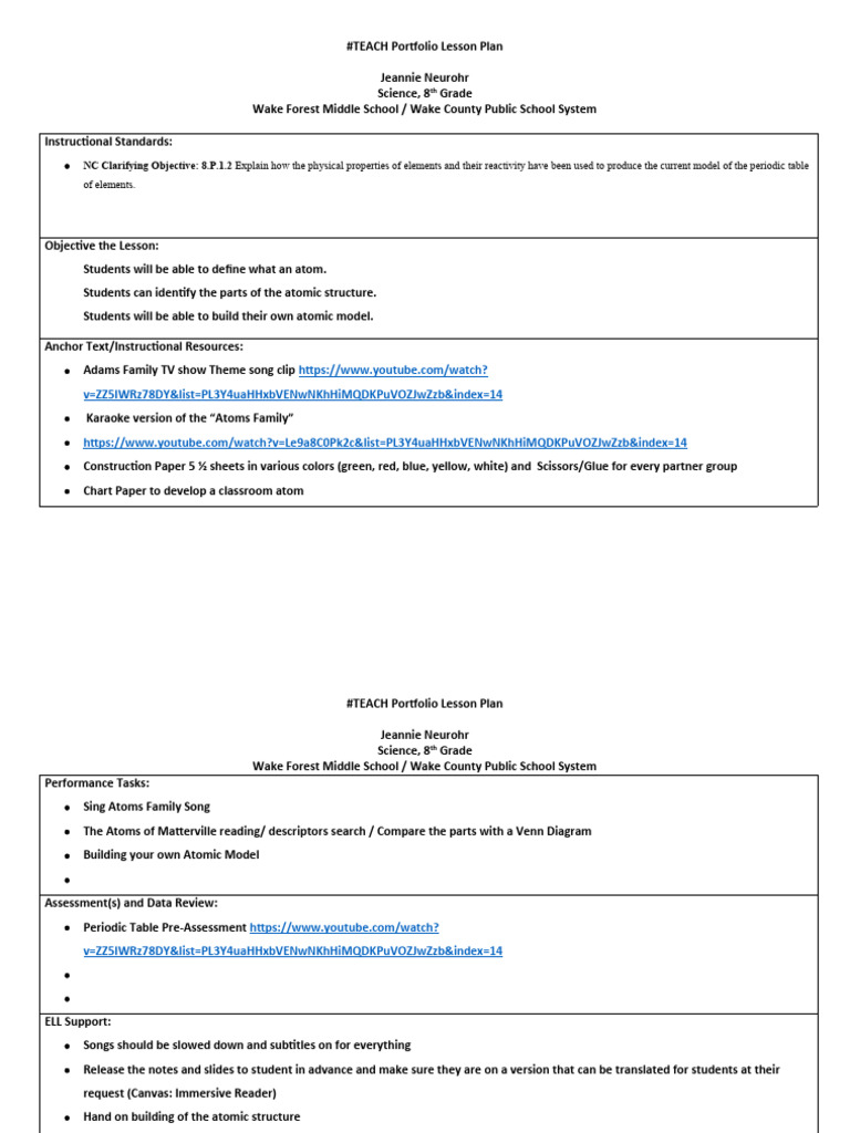 #Teach Lesson Plan For Middle Grade Science | PDF | Atoms | Learning