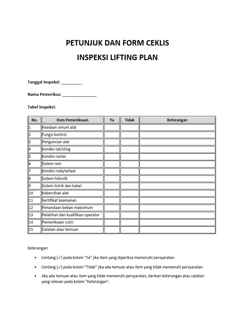 Ceklis Inspeksi Lifting Plan Alat Angkat | PDF | Teknologi & Rekayasa
