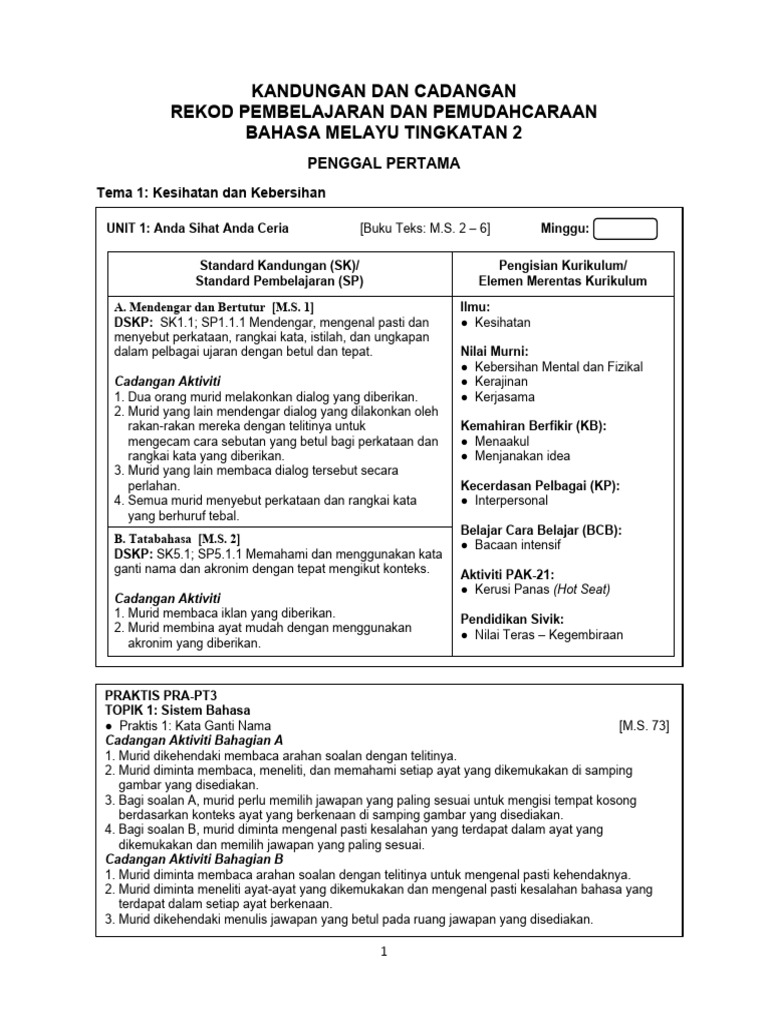2 BM Kandungan Dan Cadangan Rekod Pembelajaran Dan Pemudahcaraan Formula A Pt3 KSSM Bahasa ...