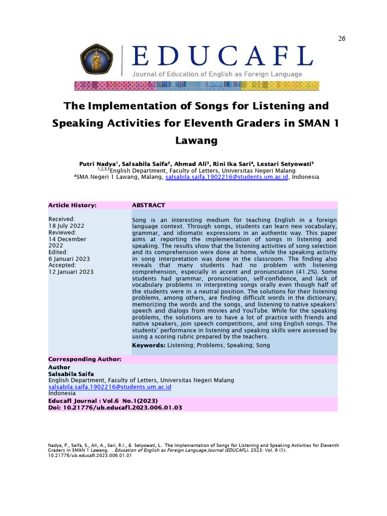 (26-48) The Implementation of Songs For Listening and Speaking Activities For Eleventh Graders ...