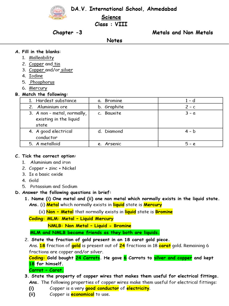 Class 8 - Science - CH - 3 - Metals - Non Metals - Notes | PDF | Metals ...