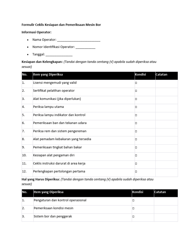 Form Inspeksi Kesiapan Dan Kelengkapan Operator Mesin Bor | PDF
