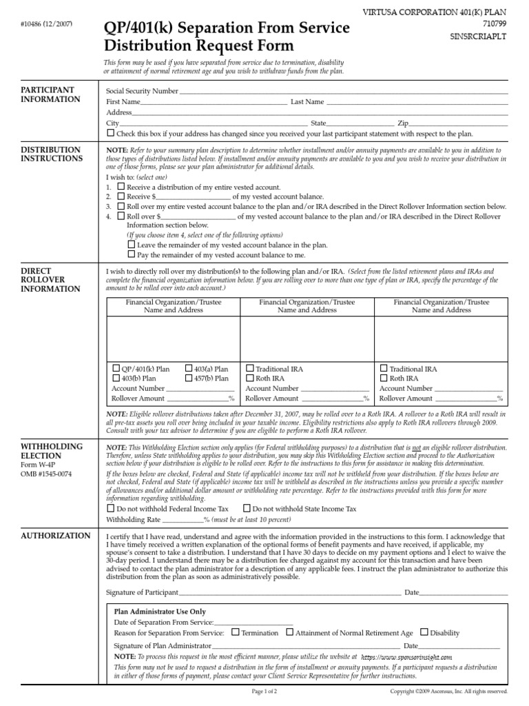 401k Separation From Service Form | PDF | Individual Retirement Account ...
