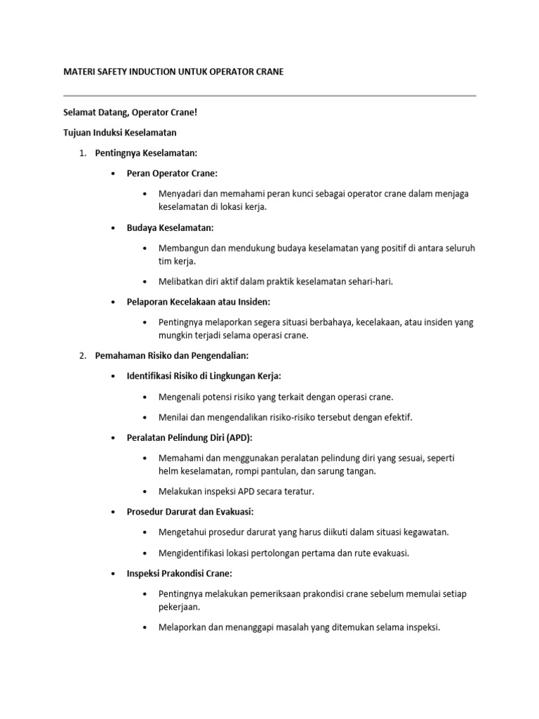 Bahan Materi Dan Petunjuk Safety Induction Untuk Operator Crane | PDF