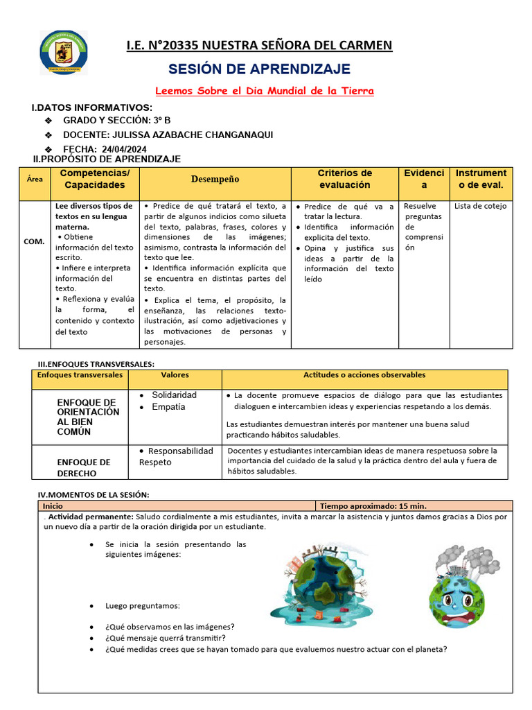Sesión Plan Lector - Dia de La Tierra | PDF | Aprendizaje | Tierra