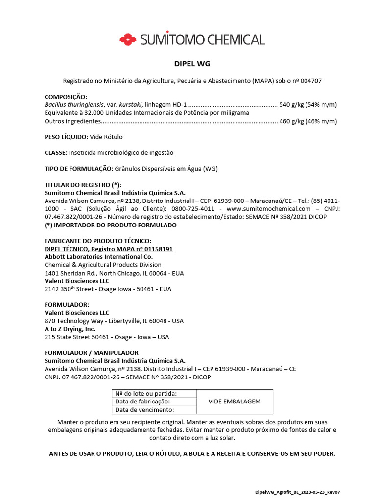 Inseticidas Dipel WG Bula | PDF | Inseticida | Controle biológico de pragas
