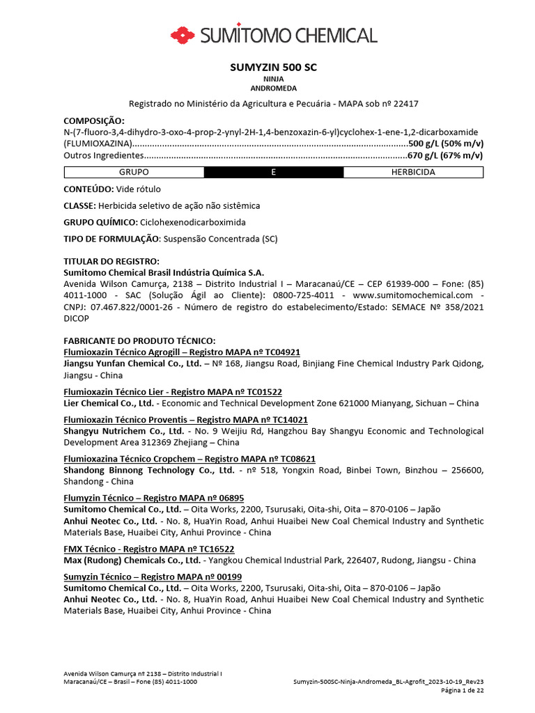 Herbicidas Agricola Sumyzin 500 SC Bula | PDF | Agricultura | Batata