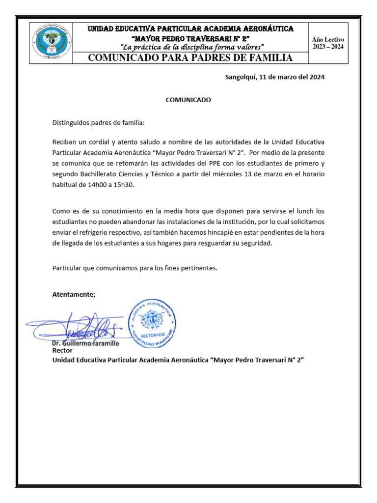 Comunicado para Padres de Familia Reactivación Participación Estudiantil | PDF