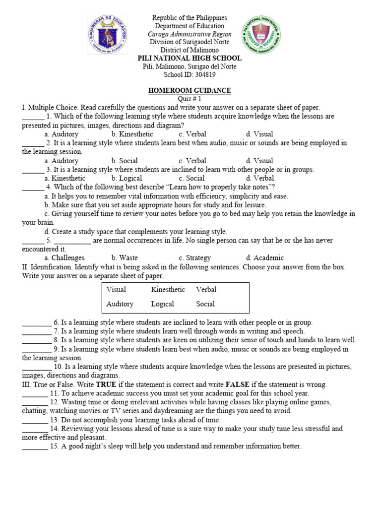 homeroom guidance quiz # 1 | PDF | Learning Styles | Learning