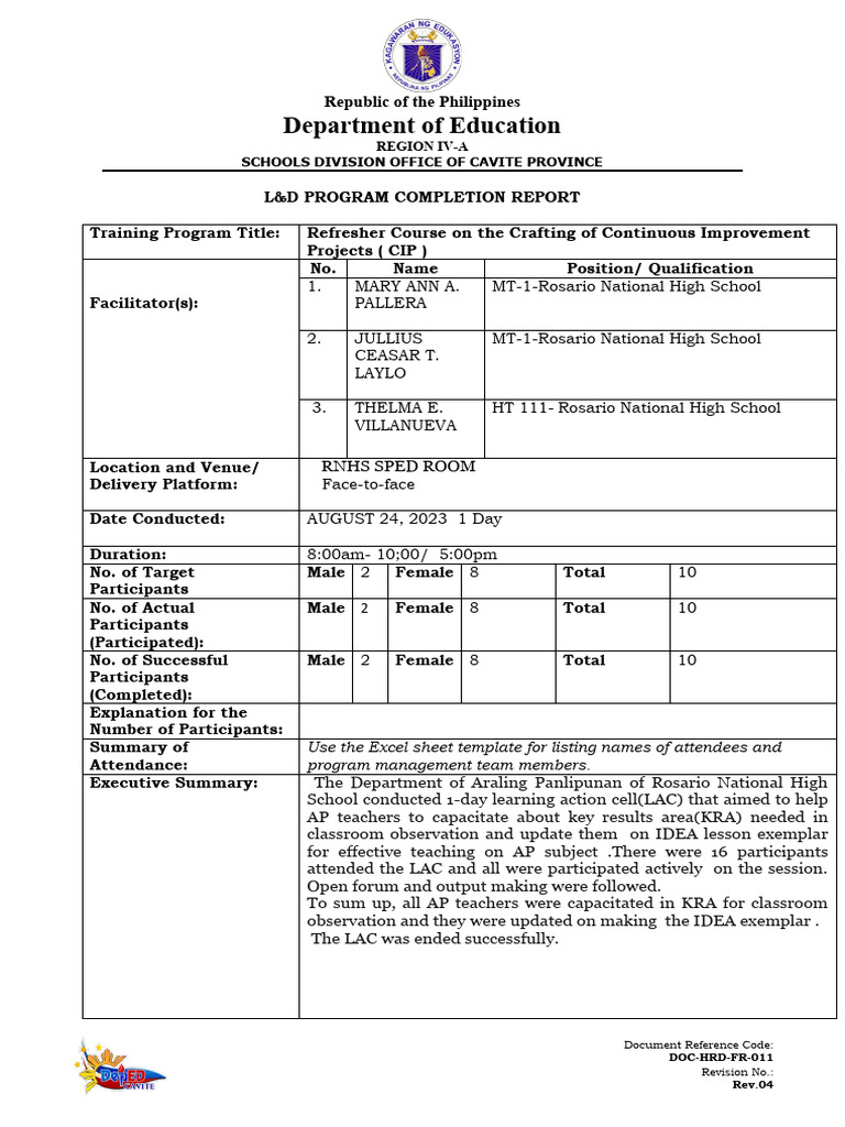 AP-LAC-COMPLETION-report (1) | PDF | Human Communication | Teaching