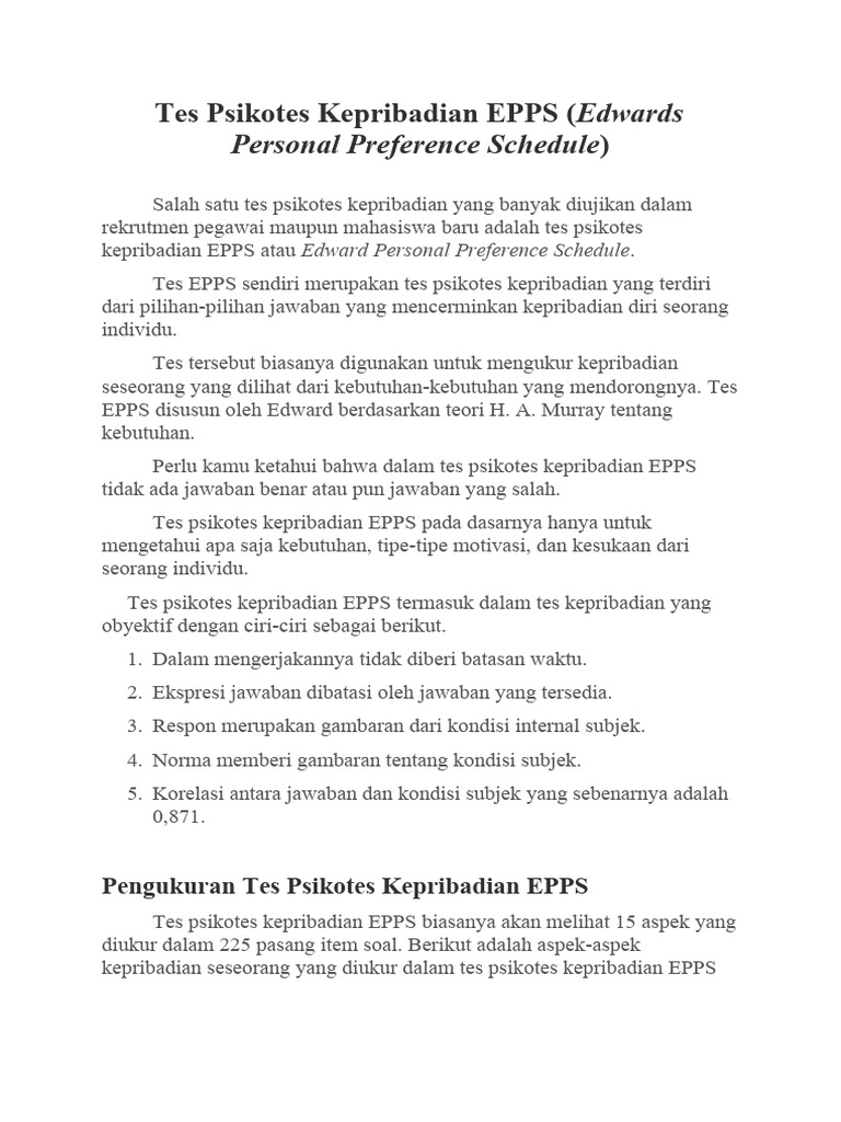 Tes Psikotes Kepribadian EPPS | PDF