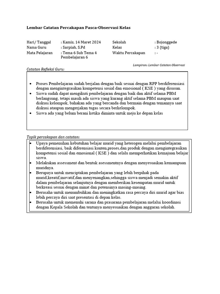 Catatan Observasi Pembelajaran Kelas 3 | PDF | Karier & Perkembangan | Sains & Matematika