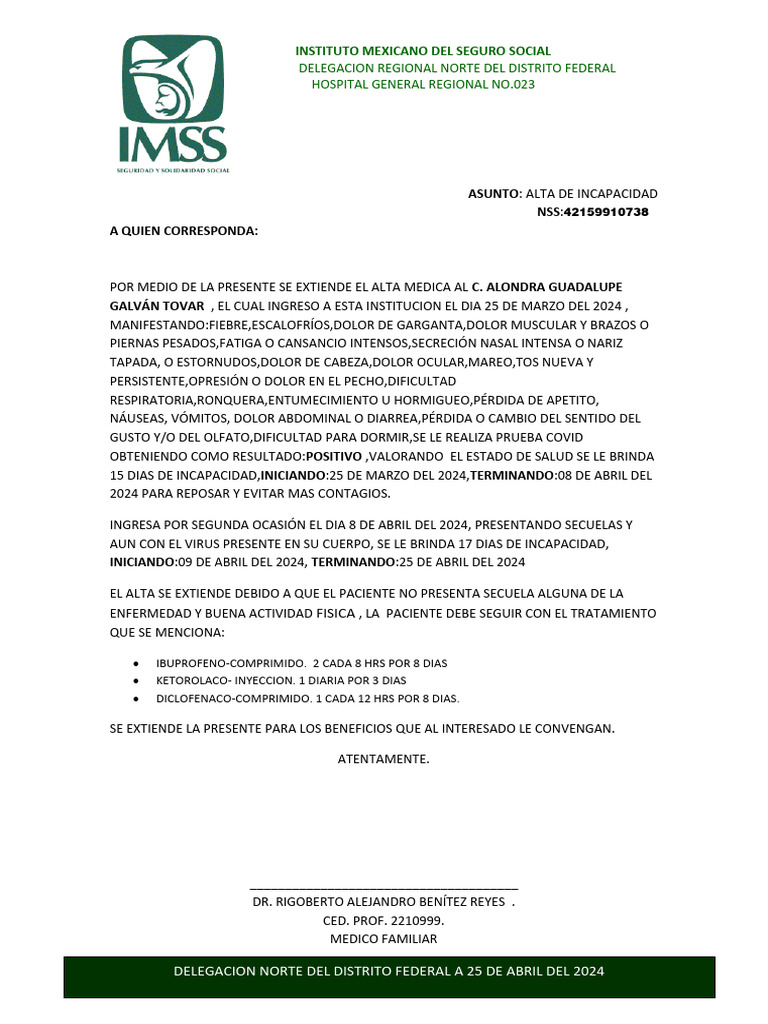 Alta Médica COVID: Alondra Galván | PDF | Salud y bienestar | Ciencia y ...