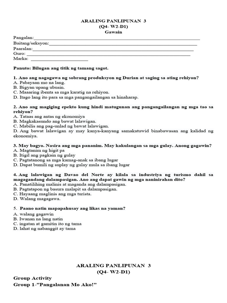 Araling Panlipunan 3 (Q4-W2-D1) Group Activity Group 1-"Pangalanan Mo Ako!" | PDF