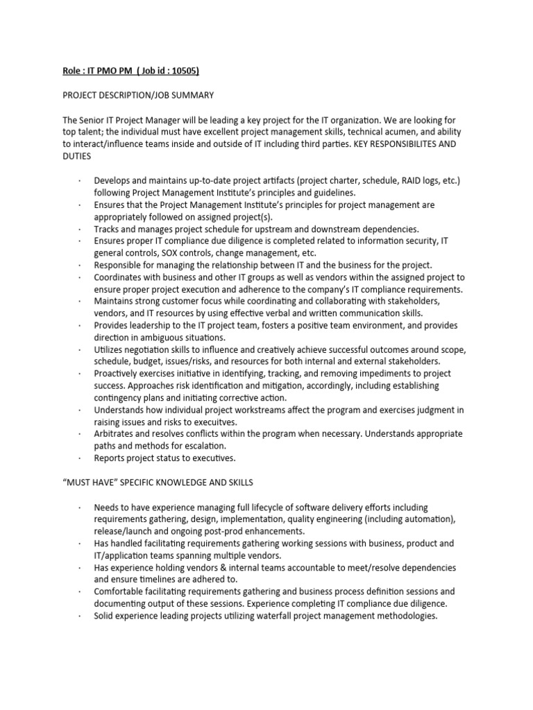 Senior IT Project Manager Role | PDF | Project Management | Agile ...