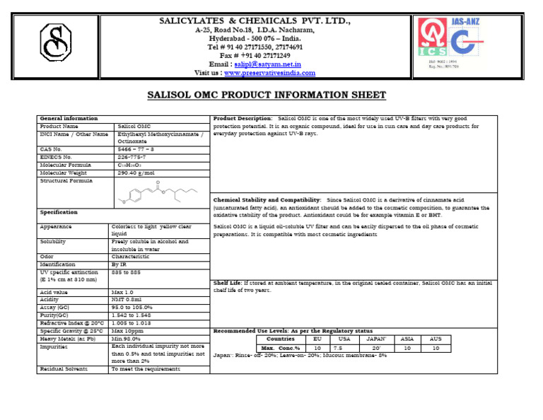 Salisol OMC New TDS | Download Free PDF | Solubility | Ultraviolet