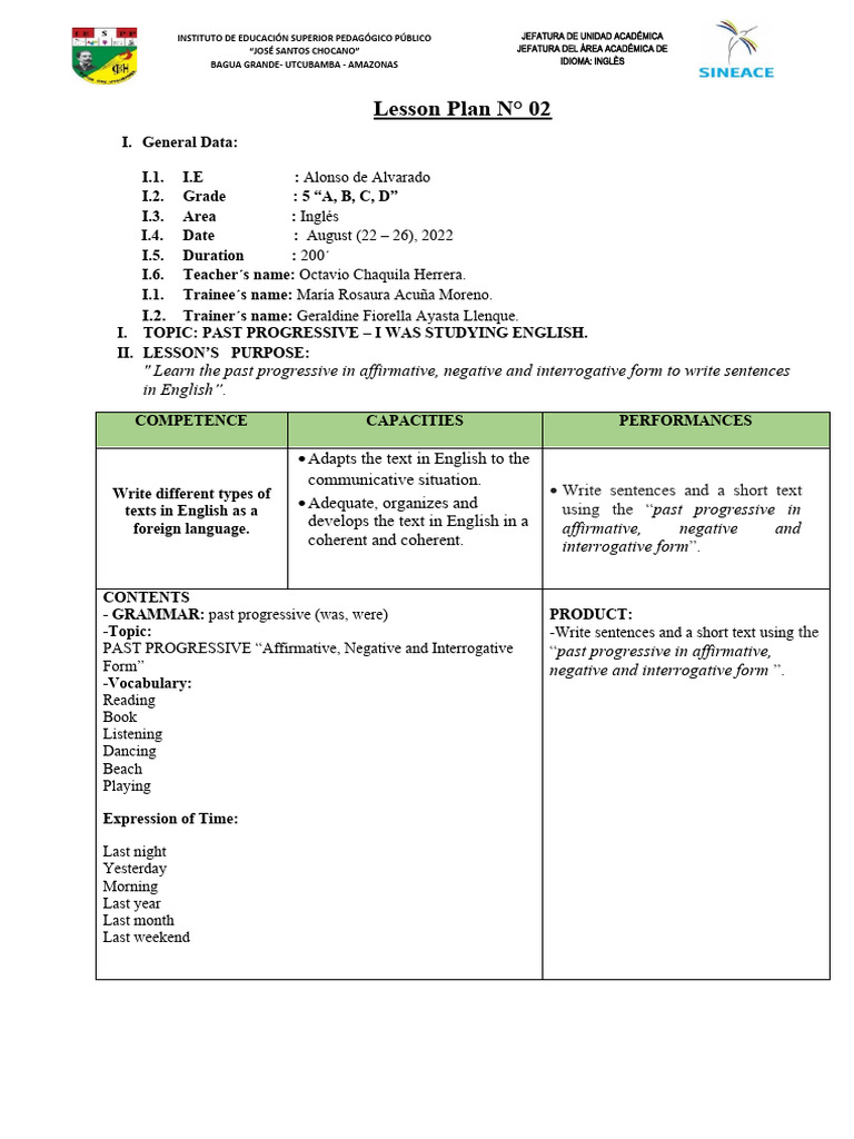 Past Progressive Lesson Plan for Grade 5 | PDF | Question | Teachers