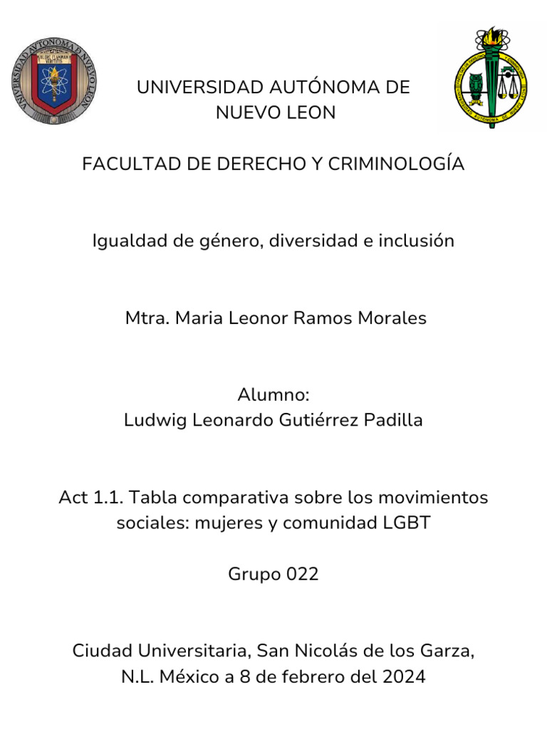 Act 1.1. Tabla Comparativa Sobre Los Movimientos Sociales Mujeres y Comunidad LGBT | PDF ...
