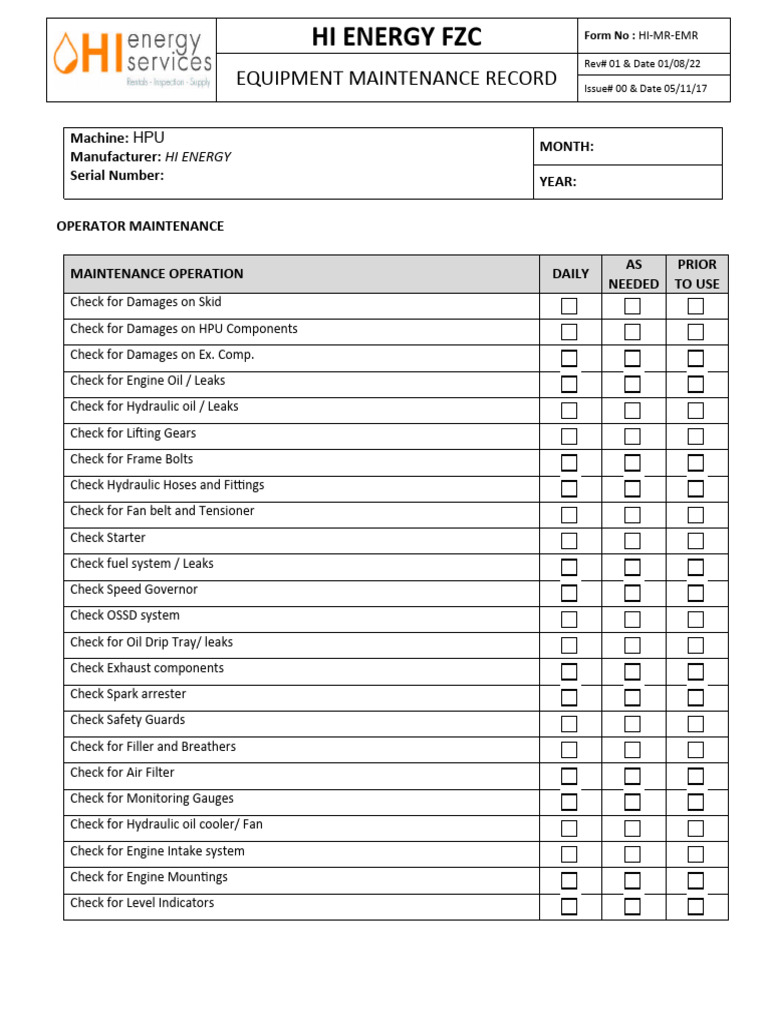 Equipment Maintenance Checklist | PDF