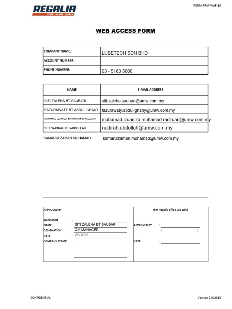 Web Access Form for Lubetech | PDF