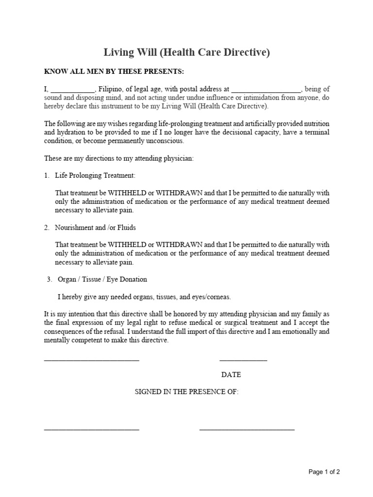 Living Will Declaration | PDF | Health Care | Medicine
