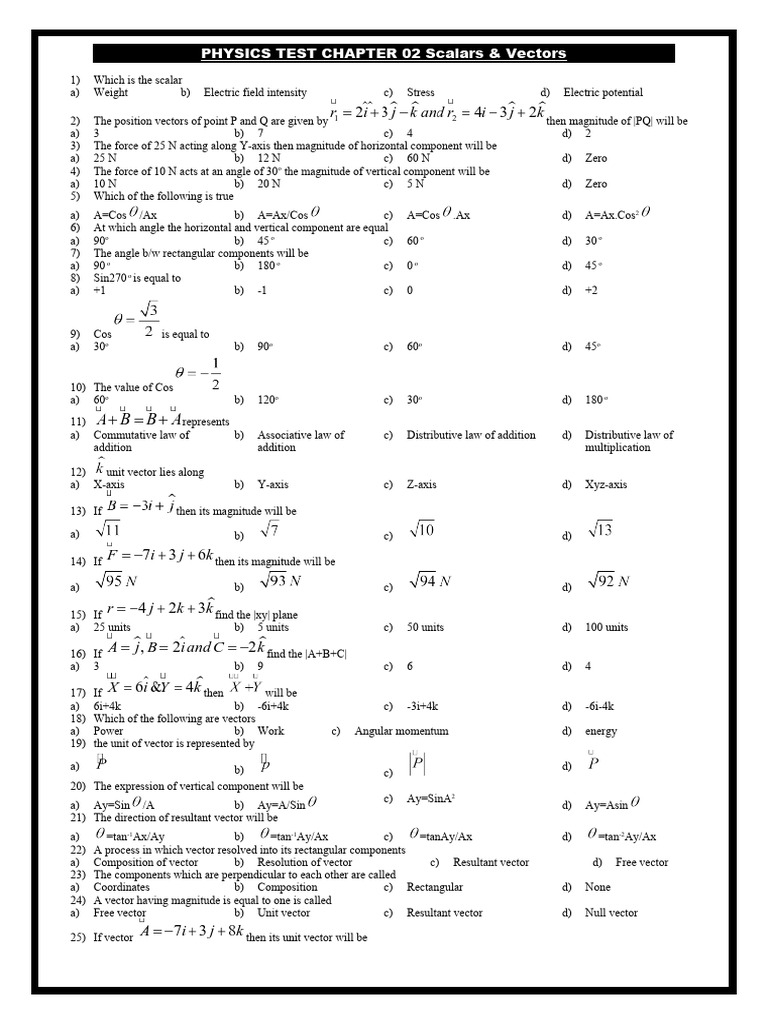 Physics Test CH 2 Scalars and Vectors | PDF | Euclidean Vector ...